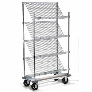 Nexel Slant Wire Shelving Truck w/4 Shelves & Dolly Base, 48"L x 18"W x ...