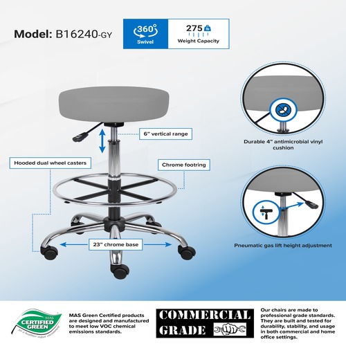Boss Antimicrobial Vinyl Medical/Drafting Stool - BSEB16240GY - Shoplet.com